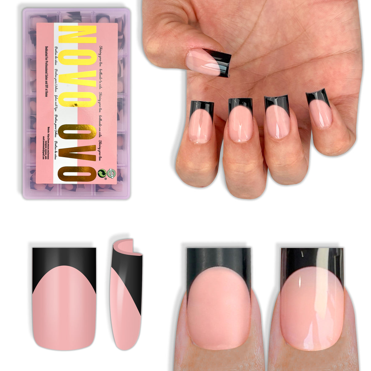 Short Sharp Square Nail Tips Black French Tip BABY PINK – NOVO OVO NAILS